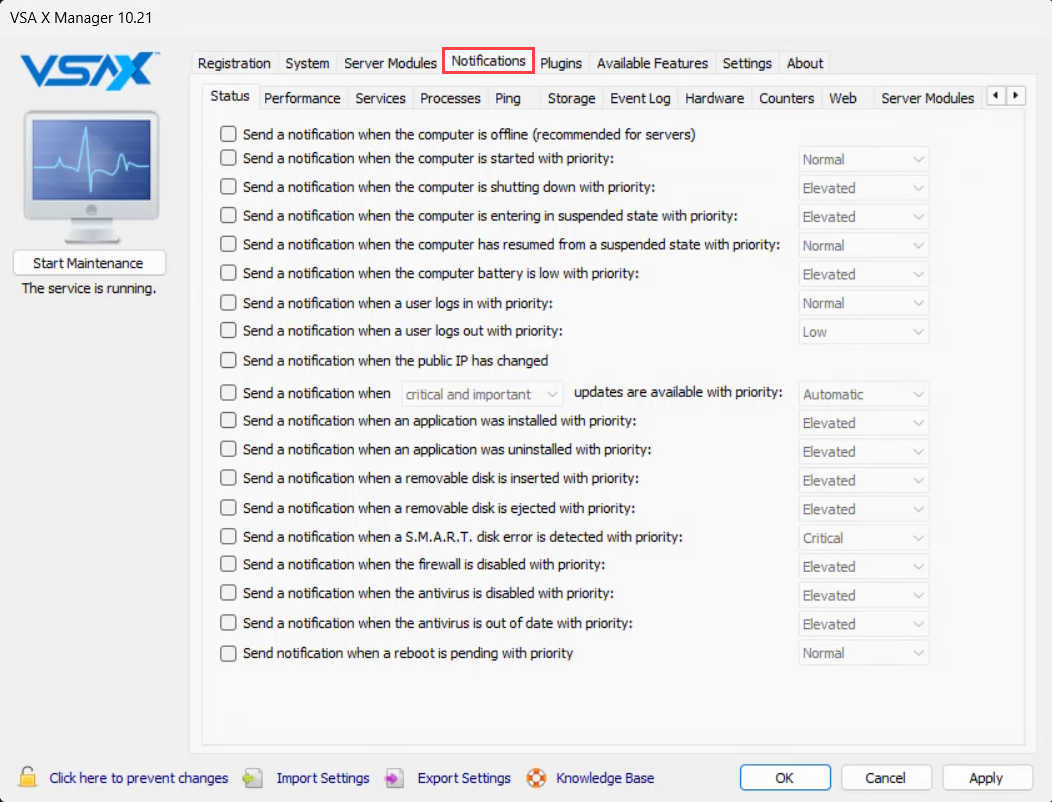 VSA X Manager Notifications Settings