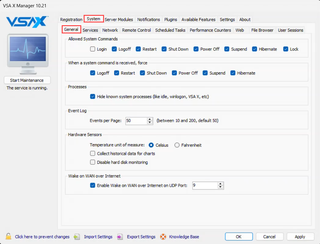 VSA X Manager System Settings - General Tab
