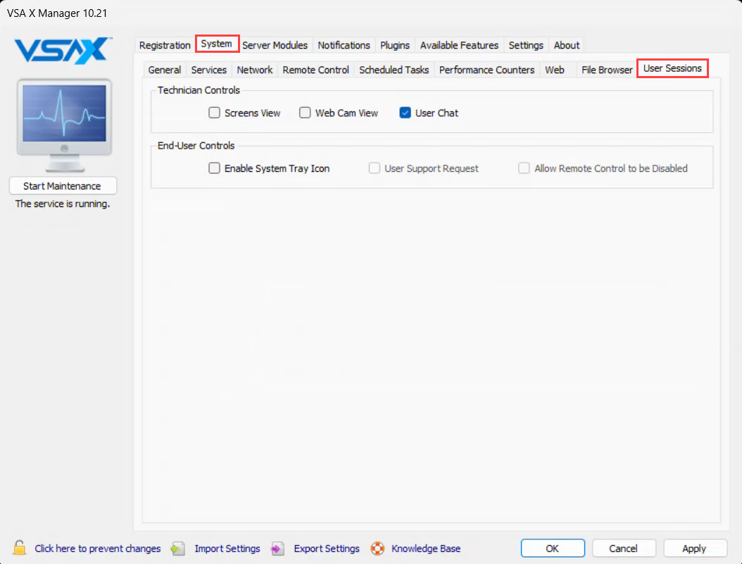 VSA X Manager System Settings - User Sessions Tab